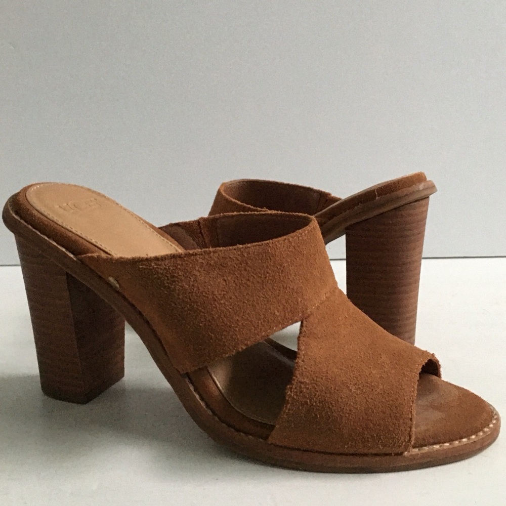 Ugg Celia Tan Suede Cutout Slide Heels Sandals - Gem